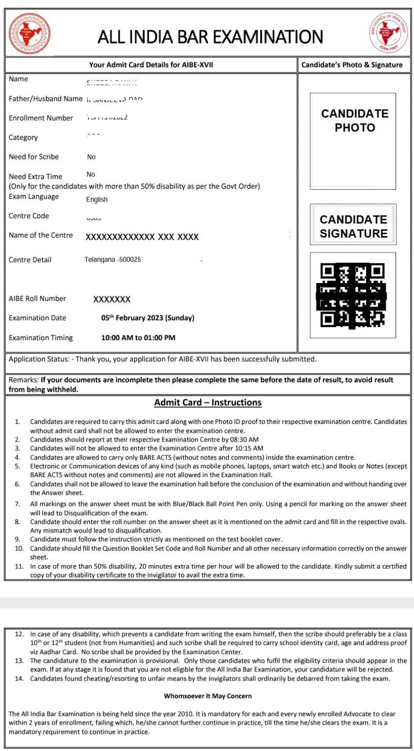 AIBE (18) 2023 Admit Card (Out) - Download XVIII Hall Ticket