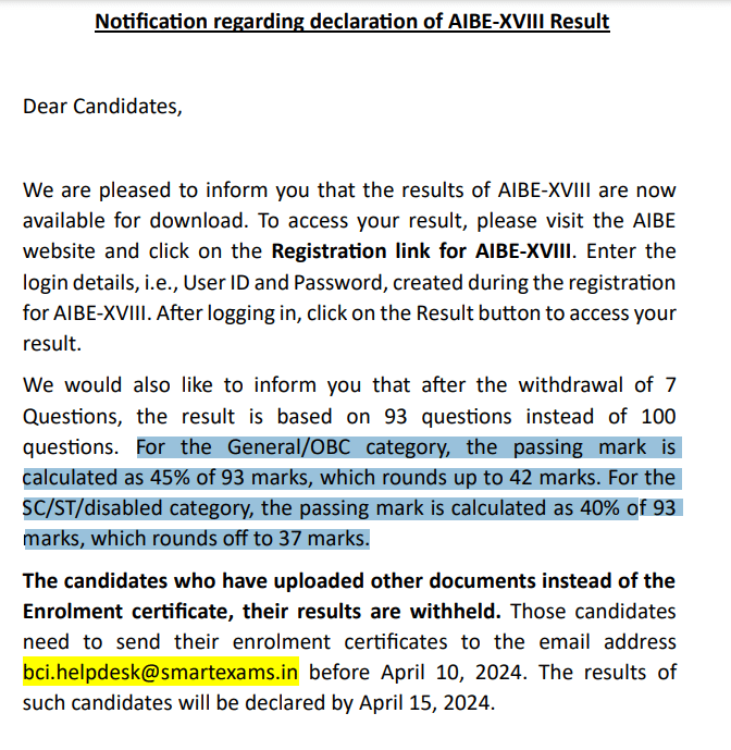 AIBE (18) 2023 Result (Declared), Cut Off - Downlaod Score Card
